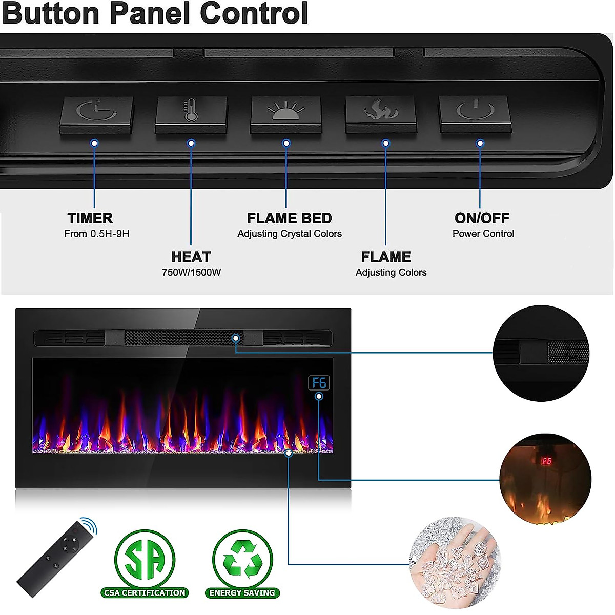 31 Inch Electric Fireplace Recessed and Wall Mounted, Fireplace Heater and Linear Fireplace, Ultra-Thin Electric Fireplace, Low Noise, with Timer, Remote Control, Adjustable 12 Flame Color, 750/1500W