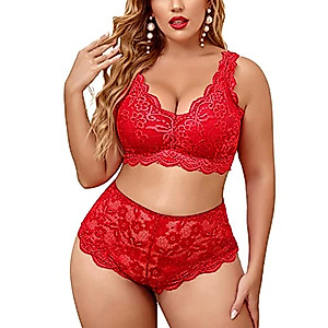 Avidlove Plus Size Lingerie Set Lace Bralette High Waist Panty Set Red