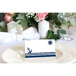 Nautical Place Cards - 25 Pack - Nautical Food Cards. Blue Anchor and Captain’s Wheel over Stripes Design, for Dinner Parties, Banquets, Cocktail Parties, Buffet. 2” x 3.5”. Scored for Folding.
