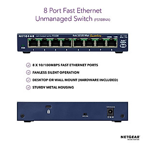 NETGEAR 8-Port Fast Ethernet 10/100 Unmanaged Switch (FS108) - Desktop and ProSAFE Lifetime Protection