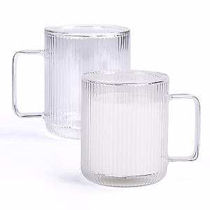 Schliersee Double Walled Glass Coffee Mug, 13.5 OZ Clear Ribbed Glassware Embossed Glass Cups with Handle for Cappuccino, Latte, Cereal, Yogurt, Beer, Milk, Hot or Cold Beverages Cup