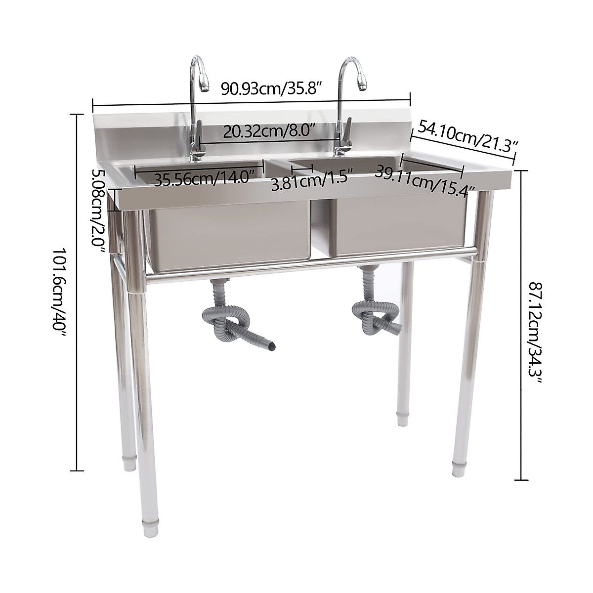 RustyVioum Stainless Steel Sink, 2 Compartment Free Standing Utility Sink, Commercial Sink for Garage Restaurant Kitchen Laundry Room Outdoor, (35.8" W x 21.3" D x 40" H, Silver)