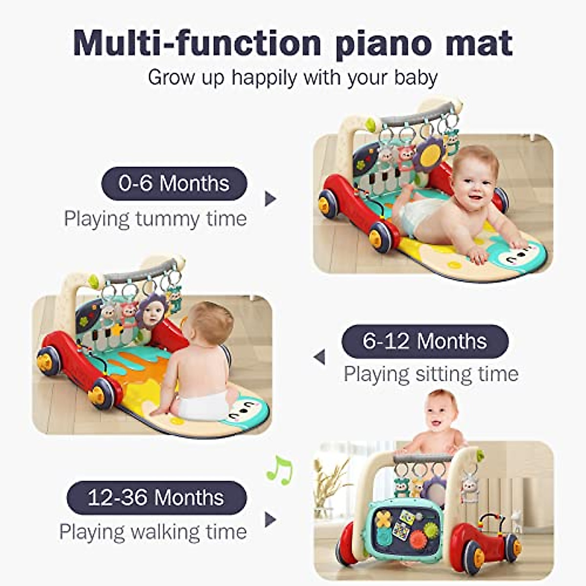 3 in 1 Baby Play Mat Baby Gym, Floor Activity Center and Infant Baby Walker - Toddler Push Walker, Play Piano Tummy Time,Boy & Girl Gifts for Newborn Baby Toddler 0 to 3 6 9 12 Months