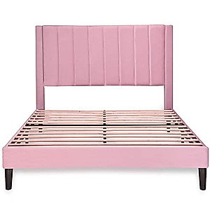 SHA CERLIN Full Size Vertical Channel Platform Bed Frame/Velvet Upholstered Bed Frame with Headboard/Strong Wood Slats Support/Mattress Foundation/No Box Spring Needed/Pink