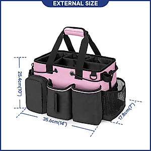LoDrid Large Professional Cleaning Caddy with Detachable Divider, Supply Organizer with Handle and Shoulder Strap, Cleaning Bags for Housekeepers & Cleaners, Pink