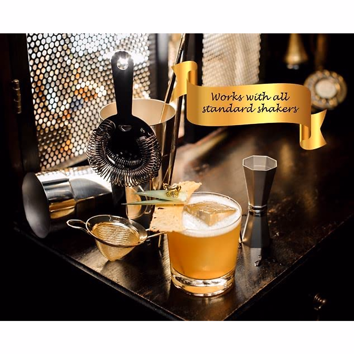 Mnixy STR-4-PRO 4 Prong Strainer with Tight Coil and Double Sided Jigger Cocktail, Stainless Steel, Silver