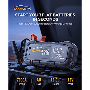 YaberAuto Car Battery Jump Starter 7000A 65W Fast Charging (All Gas/12.0L Diesel) Portable Car Jump Starter Battery Pack, Jump Box Battery Jumper Starter Portable Jumper Cables, 150W DC, 600LM Light