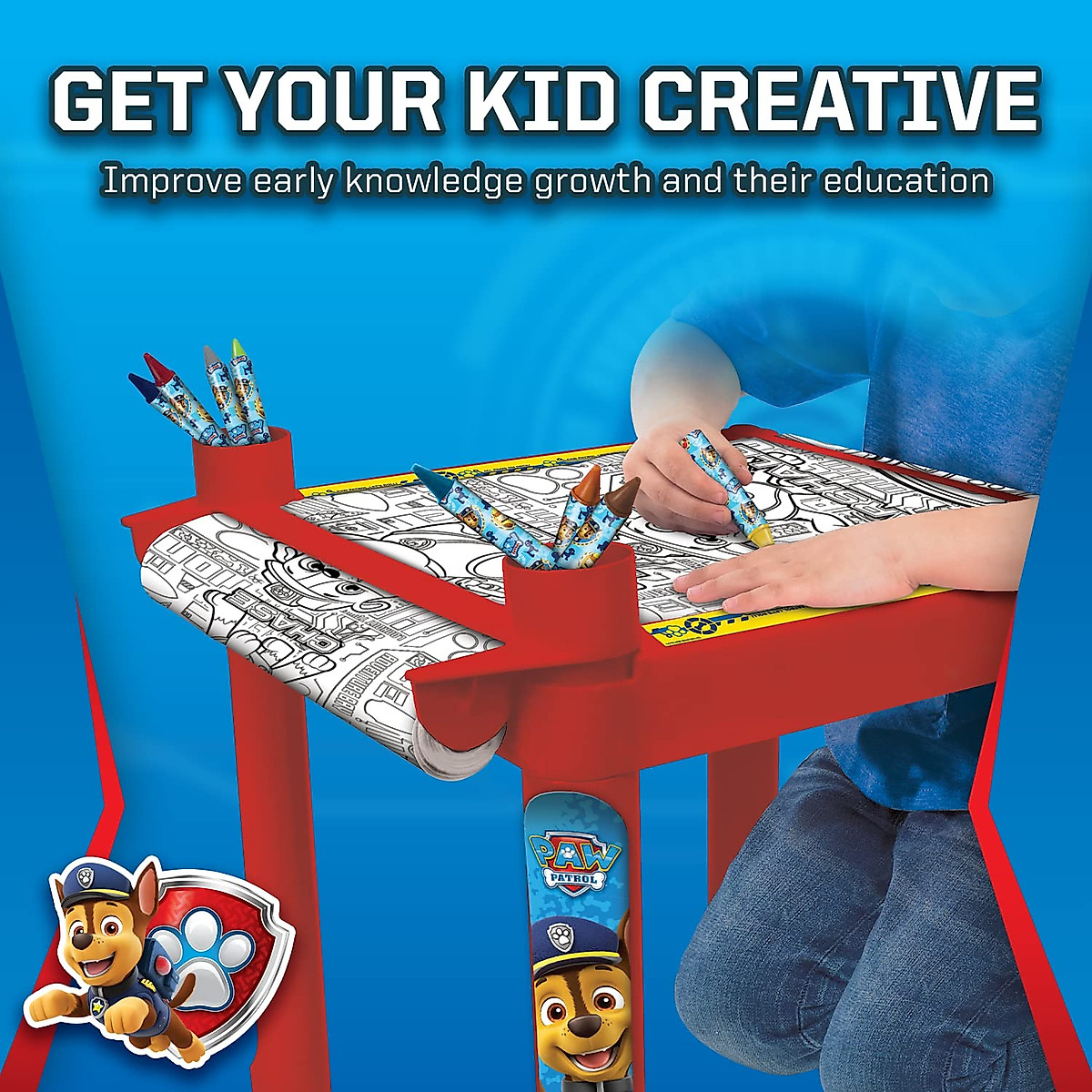Paw Patrol Activity Coloring Table with Art Paper Roll, Plastic Desk Holder, Crayons & Stickers - Color & Craft Art Table - Red Activity Floor Desk, Ages 3-6