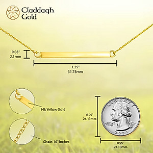 14K Yellow Gold 1-1/4" Horizontal Bar Style Pendant Rolo Chain Necklace - 16"