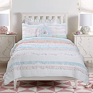 Cozy Line Home Fashions Light Pink Blue Coral White Ruffle 100% Cotton Reversible Girl Quilt Bedding Set, Reversible Coverlet Bedspread (Shabby Chic, Twin - 2 Piece)