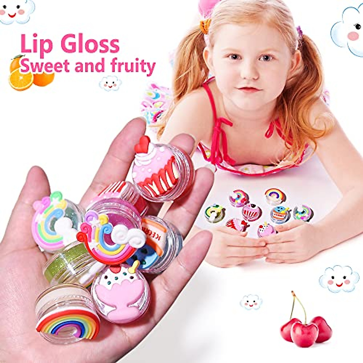 Mebtmel 8PCS Cute Lip Gloss for Girls, Party Favors Lip Balm Set for Kids, Assorted Fruity Flavors Cute Cupcake of Rainbow Designs Birthday Gift