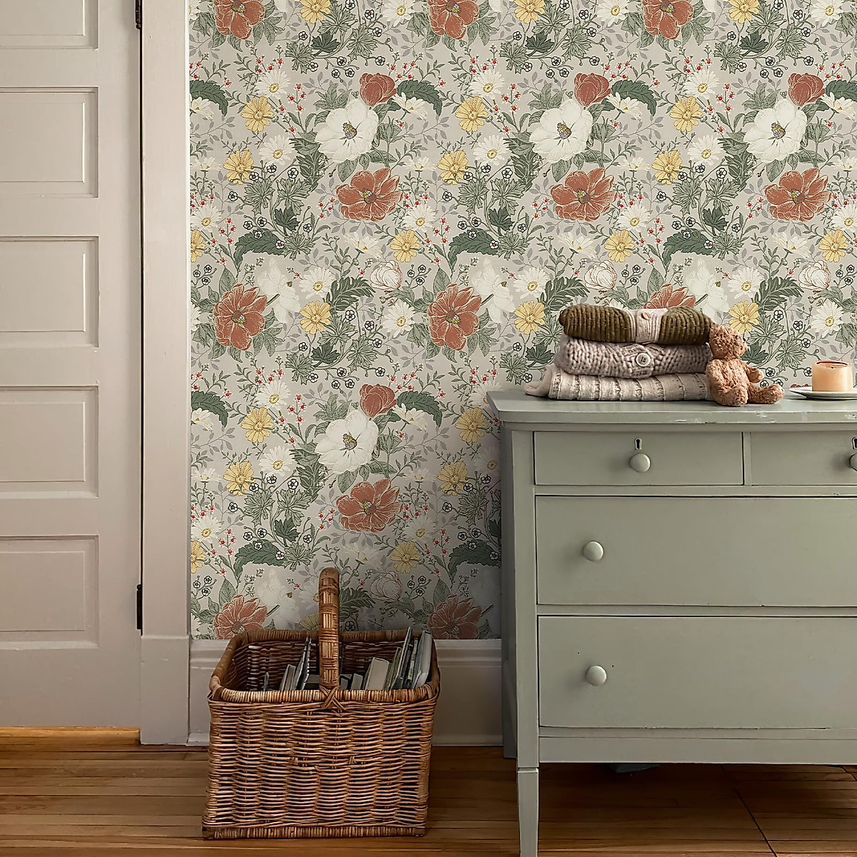 Simon&Siff Vintage Peel and Stick Wallpaper Grey Floral Wallpaper Farmhouse Botanical Contact Paper Self Adhesive Removable Wall Paper for Renter Friendly 118" x 17.3"