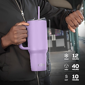 O'JAY Insulated 40oz Tumbler with Handle and Straw Lid - 100% Leak-Proof - Cupholder Friendly Travel Mug - Stainless Steel Insulated Tumbler with Lid and Straw - (Pure Lavender)