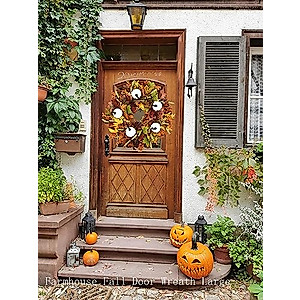 Easy Fine Fall Wreaths for Front Door 24 Inch,Farmhouse Fall Door Wreath Large,Halloween Wreath,Thanksgiving Decorations,Autumn Wreath,Fall Decor with Fall Leaves White Pumpkins Outdoor Outside