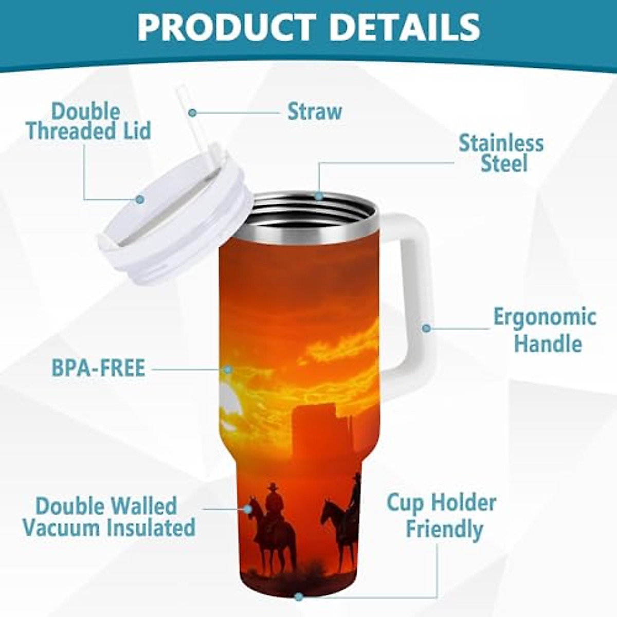 Jihqo Sunset Western Cowboys 40 oz Stainless Steel Vacuum Insulated Tumbler with Handle and Straw Lid, Leakproof Water Bottle Double Wall Travel Mug Coffee Cup, Cupholder Friendly