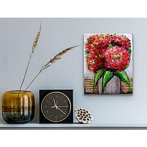 Fall Flowers Bouquet in a Rustic Vase, Red Textured Flower Green Leaves, Original Oil Painting