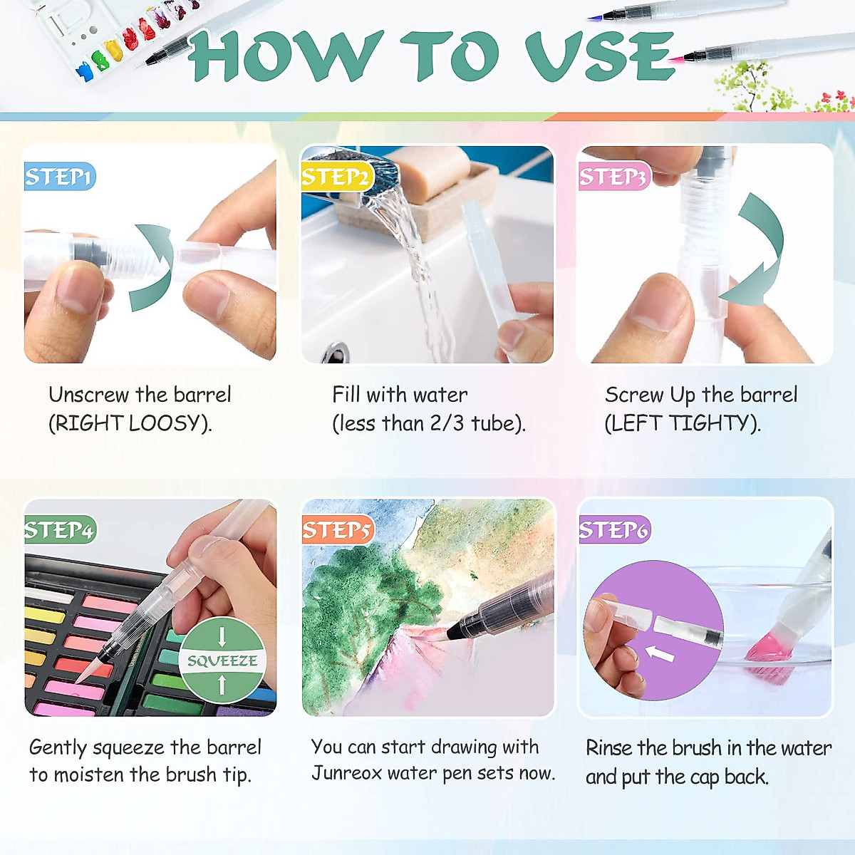 Junreox 12Pcs Watercolor Brush Pens, Premium Water Brush Pen Leakproof with Assorted Tips, Water Brush Pens for Watercolor, Refillable Watercolor Pens, Watercolor Paint Pens, Arts Value Set