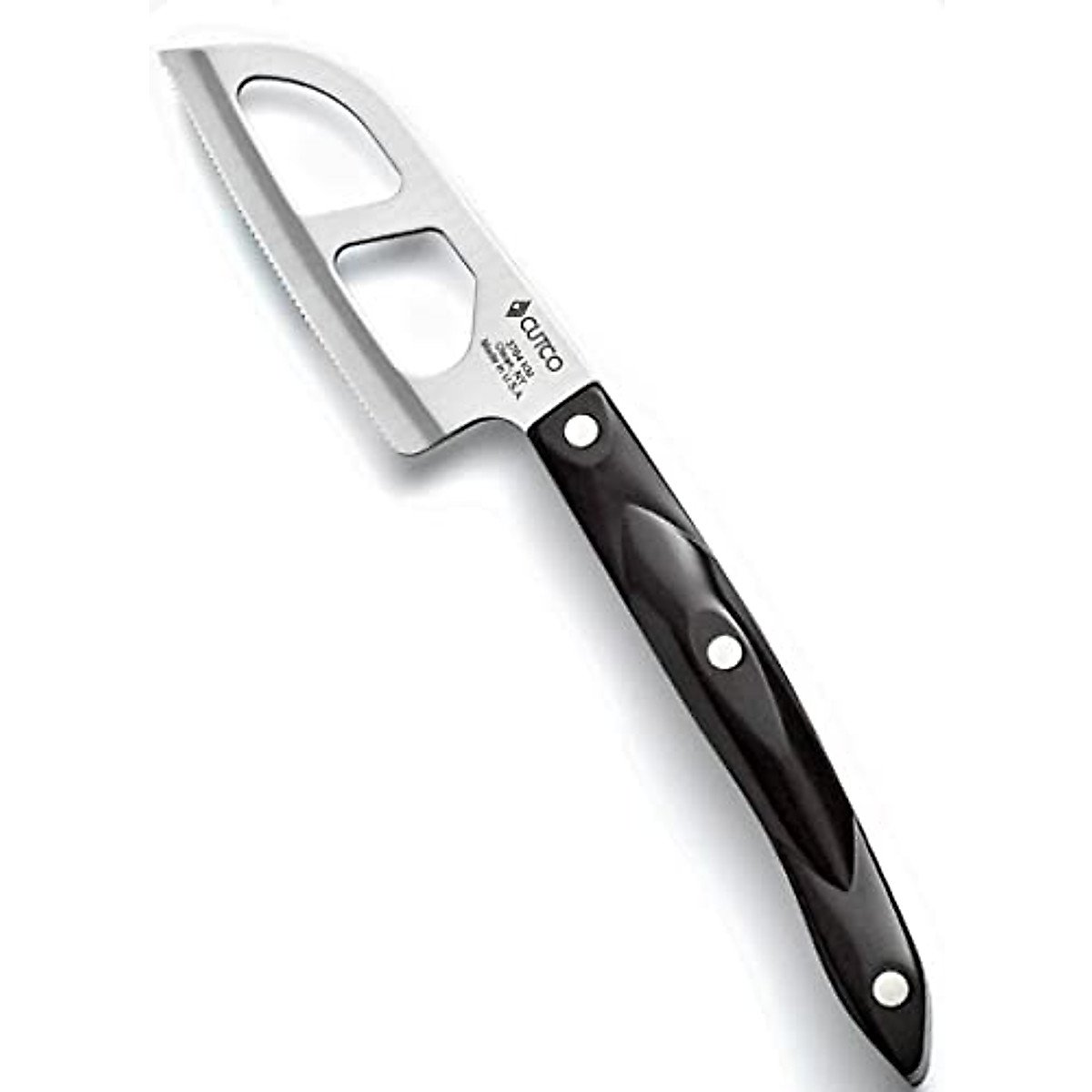 CUTCO Model 3764 Santoku Cheese Knife with High Carbon Stainless 3.75" Double-D serrated edge blade and 5" Classic Dark Brown handle (often called "Black") in factory-sealed plastic bag.