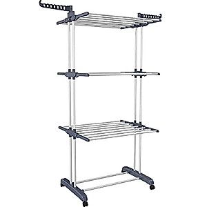 HOMIDEC Clothes Drying Rack, Oversized 4-Tier(67.7" High) Foldable Stainless Steel Drying Rack Clothing, Movable Drying Rack with 4 castors, 24 Drying Poles & 14 Hooks for Bed Linen, Clothing, Grey
