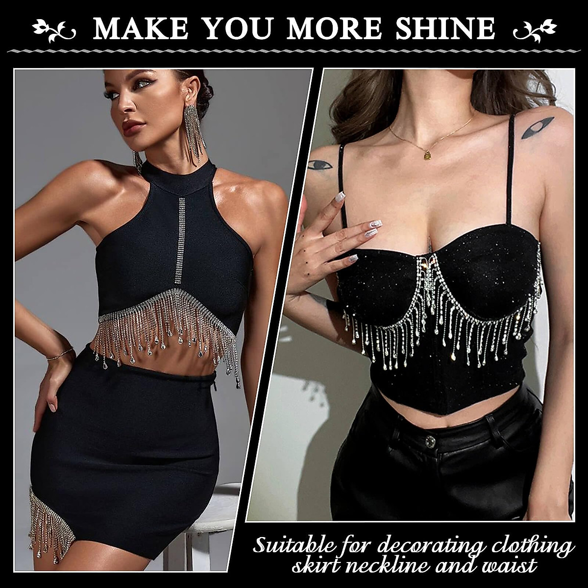 Tetutor 3 Yard Rhinestone Trim Fringe with B7000 Glue, Irregular Rhinestone Fringe Belt Rhinestone Tassel, Sparkle Diamond Fringe Rhinestone Ribbon Tassel Chain for DIY Clothing Wedding Decoration