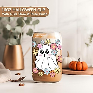 GSPY Halloween Ghost Iced Coffee Glass Cups, 16oz Cute Floral Ghost Can Shaped Glass Cups with Lids and Straws, Halloween Gifts, Spooky Halloween Tumbler Mug for Women Girls