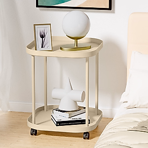 villertech Side Table with Wheels, End Table Living Room Plastic Mobile Sofa Side Table Small Night Stand Bedroom Khaki (2 Pack)