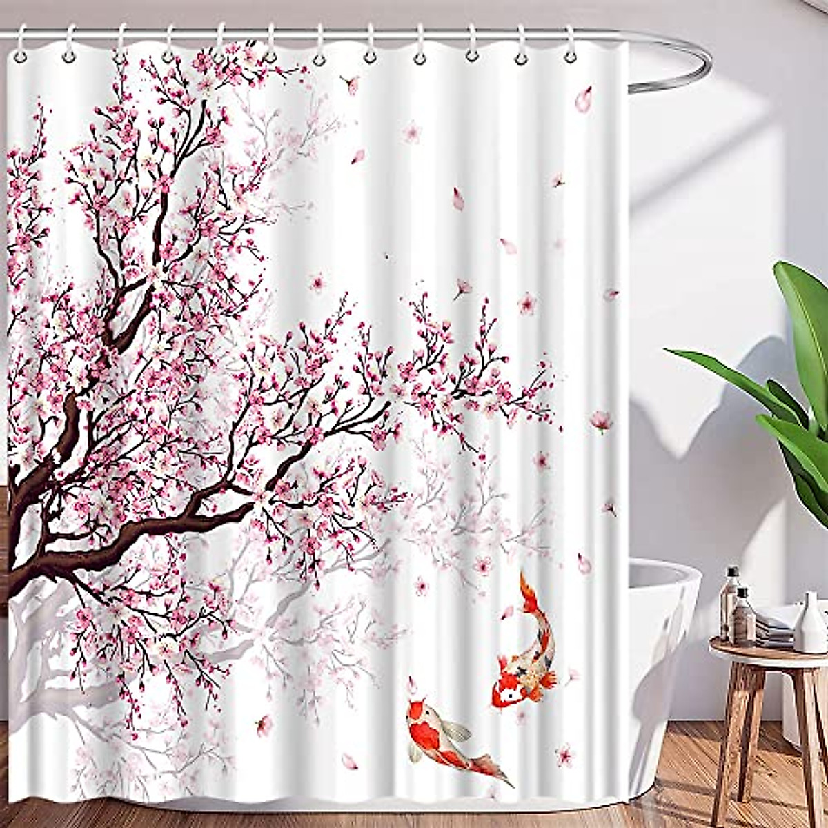 4 Pcs Cherry Blossom Shower Curtain Sets,Pink Floral Plum Blossom Blooming Spring Asian Japanese 70&quot;x 70&quot; Bathroom Curtain with 12 Hooks,29.5&quot;x 17.8&quot; Bath Mat,Toilet Seat Cover, U-Shaped Toilet