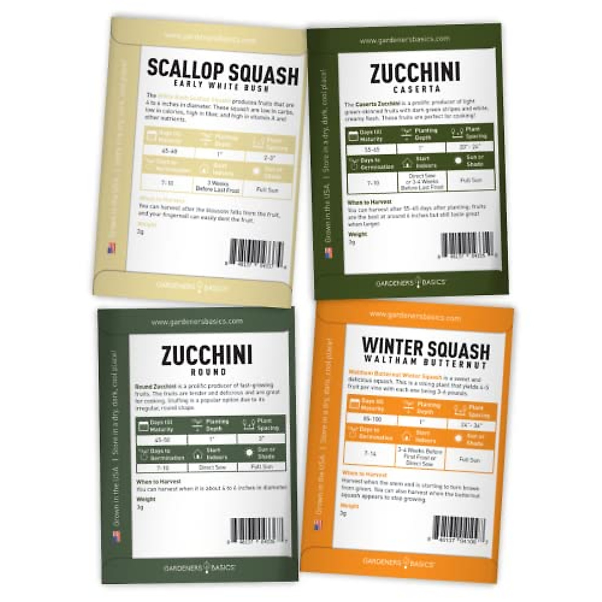 8 Squash Seeds for Planting Individual Packets - Zucchini, Delicata, Butternut, Spaghetti, Scallop, Caserta, Round and Hubbard for Your Non GMO Heirloom Vegetable Garden by Gardeners Basics