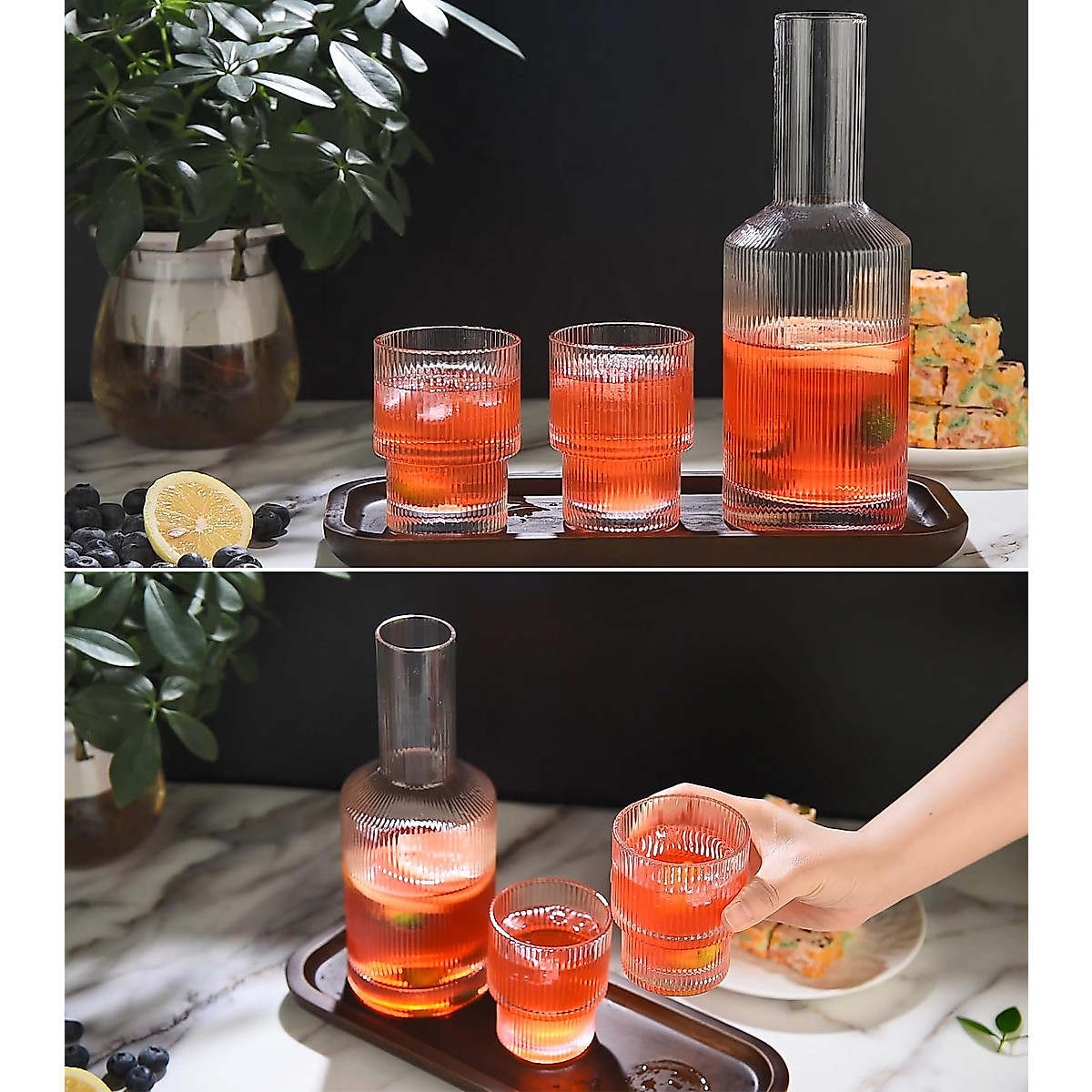 NINU 27oz Bedside Carafe and Glass Set, Ribbed Water Carafe Glassware Drinking Glasses for Nightstand, Vintage Fluted Glassware Water Pitcher - Clear, Christmas gift, Thanksgiving Day gift