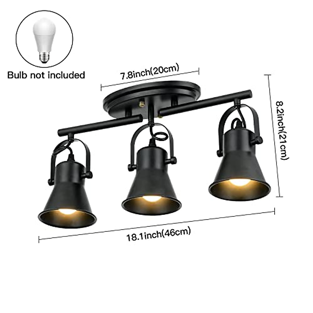 KEESFU 3-Light Track Lighting Kit,Black Semi Flush Mount Ceiling Light with 3 Rotatable Light Heads,Industrial Accent Lighting for Livingroom,Bathroom,Hallway,Art Wall,Bathroom,Kitchen.(3-Light)
