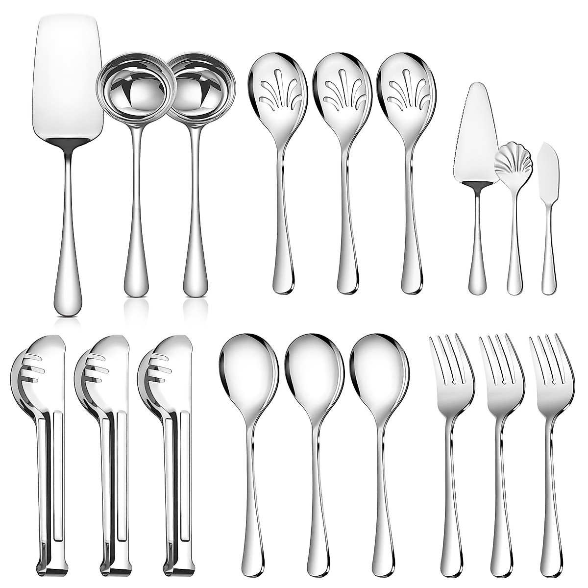 Teivio 18pcs Silver Stainless Steel Large Serving Utensils Set,Include Serving Spoons/Forks/Tongs,Slotted Spoons,Soup Ladles,Butter Knife,Sugar Spoon,Cake Server,Lasagna Server,for Buffet/Chafing Dish