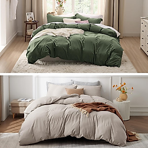 Bedsure Olive Green King Prewashed Microfiber Duvet Cover Set + Tannish Linen 100% Jersey Knit Cotton Duvet Cover Set, Zipper Closure, King Size