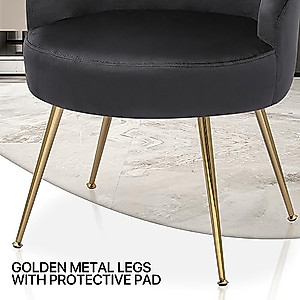 MoNiBloom Upholstered Velvet Accent Chair Girl's Black Vanity Chair, Mid-Century Modern Barrel Chair w/Golden Metal Legs, Retro Leisure Reading Comfy Lounge Chair for Living Room Bedroom
