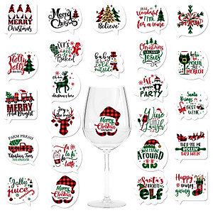 AnyDesign 120Pcs Christmas Wine Glass Drink Markers 24 Styles Xmas Static Cling Stickers Removable Buffalo Plaids Wine Bottle Tags Wine Charms Alternative for Champagne Cocktail Wine Party Supplies
