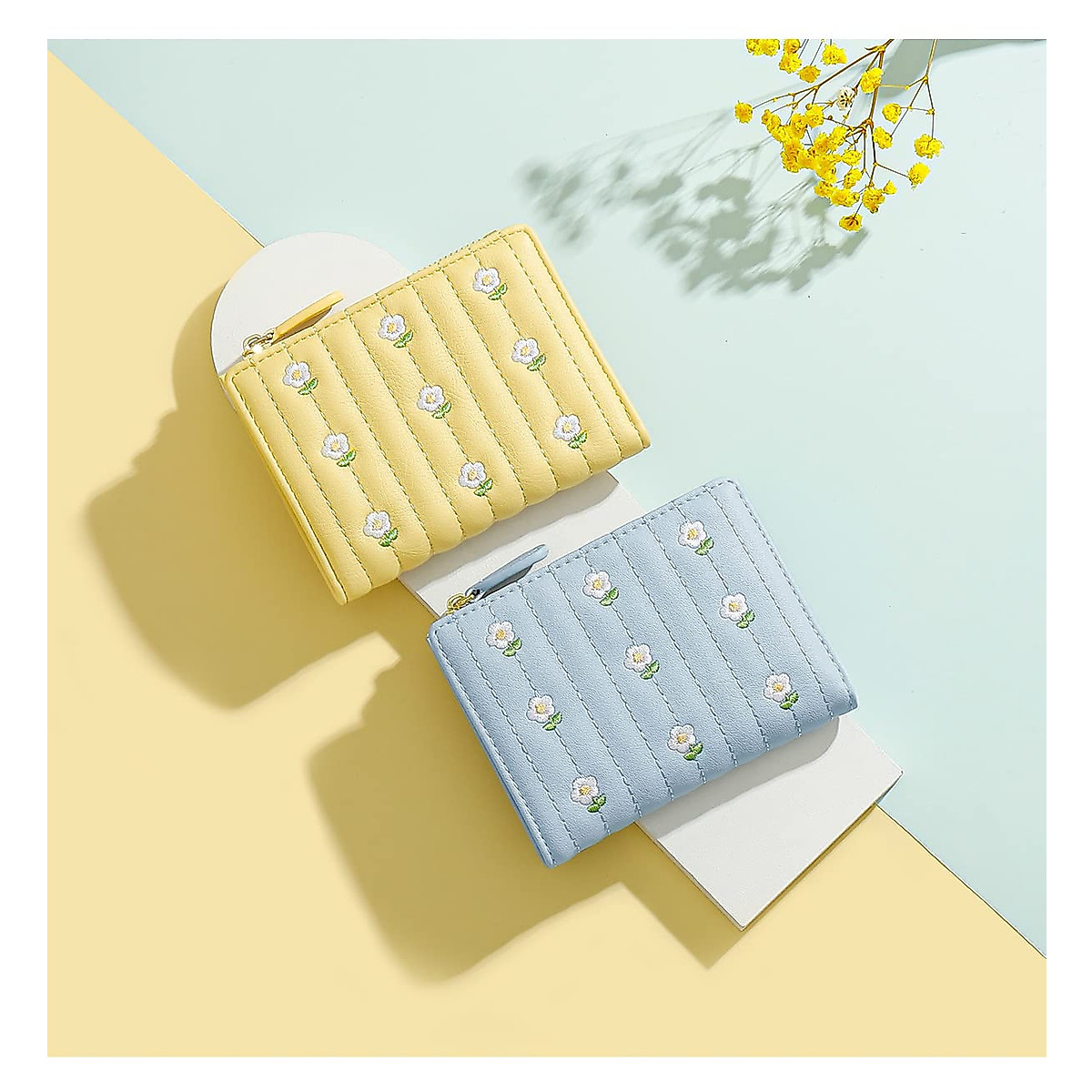 MEISEE Small Wallet for Girls Women Tri-folded Wallet Cash Pocket Card Holder Coin Purse with ID Window elegant youthful and cute- -flowers-blue