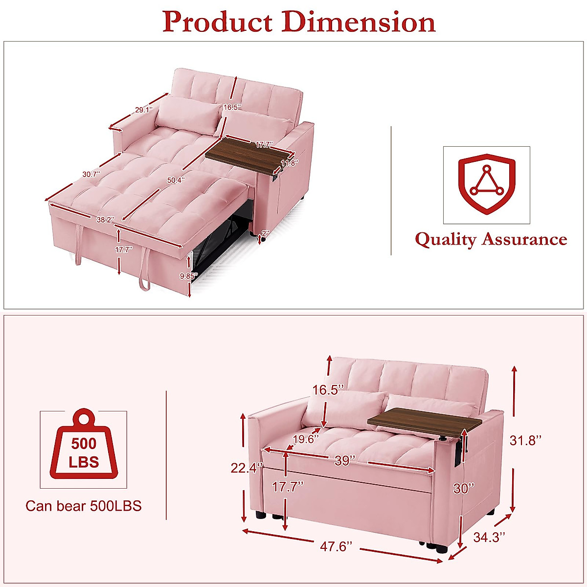 ROCKINGRUN 3 in 1 Velvet Pull Out Sofa Bed with Hidden Side Table, Convertible Loveseat Sleeper with 3 Speed Adjustable Backrest and Side Pockets, Tufted Futon Couch for Living Room Bedroom (Pink)