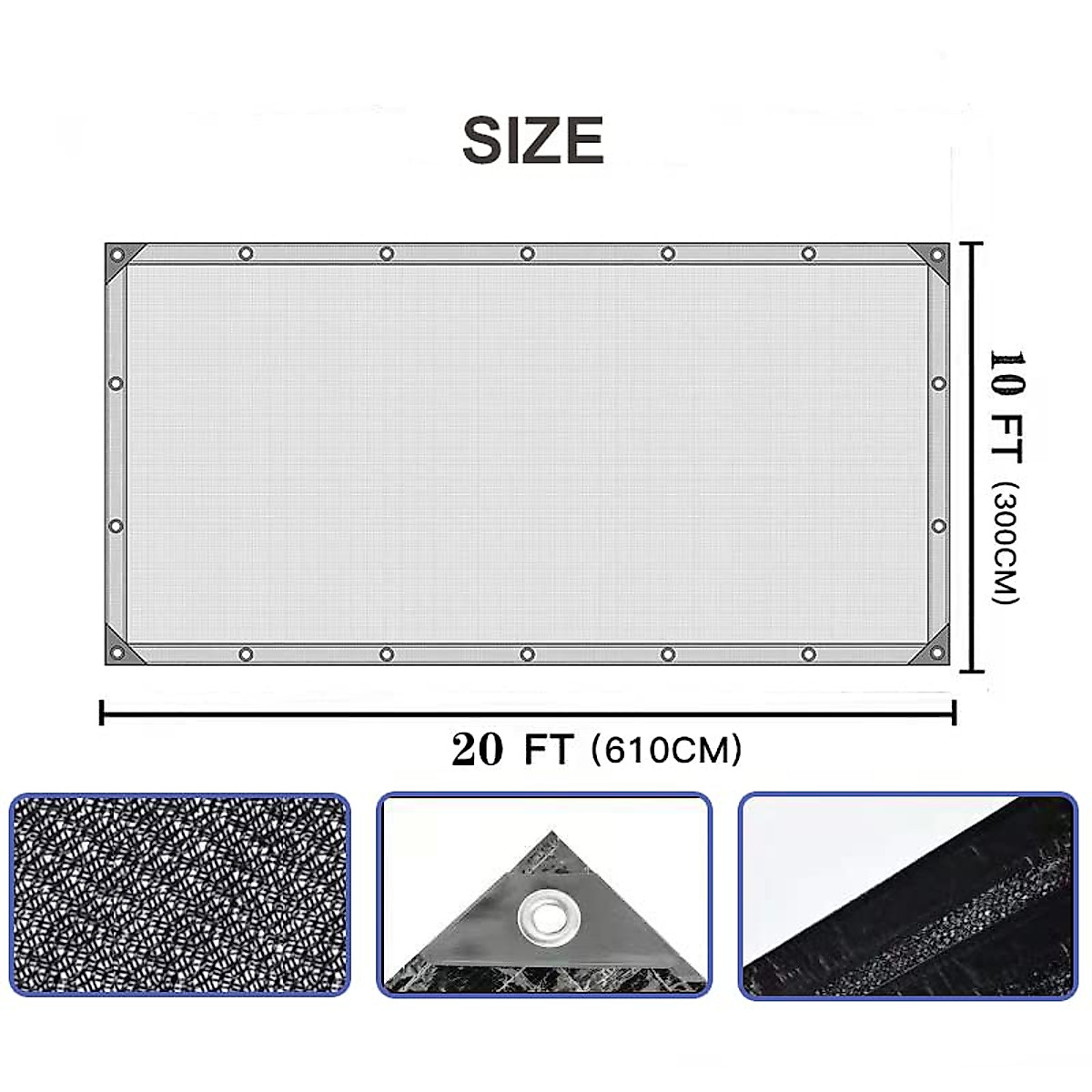 70% Shading Rate 10ft20ft Shade Cloth with Grommets, Black Sun Shade Mesh for Plant Cover, Greenhouse, Patio