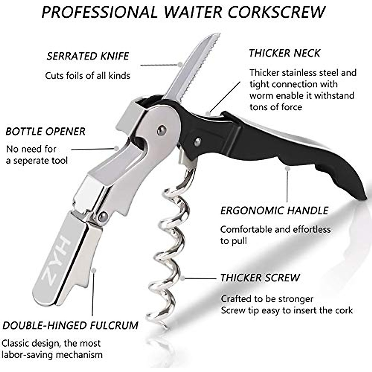 HYZ Heavy Duty Chrome Waiter Corkscrew Wine Opener with Foil Cutter, Professional 2Pack Wine Key for Bartenders and Waiter, Black Bottle Opener for Wine and Beer
