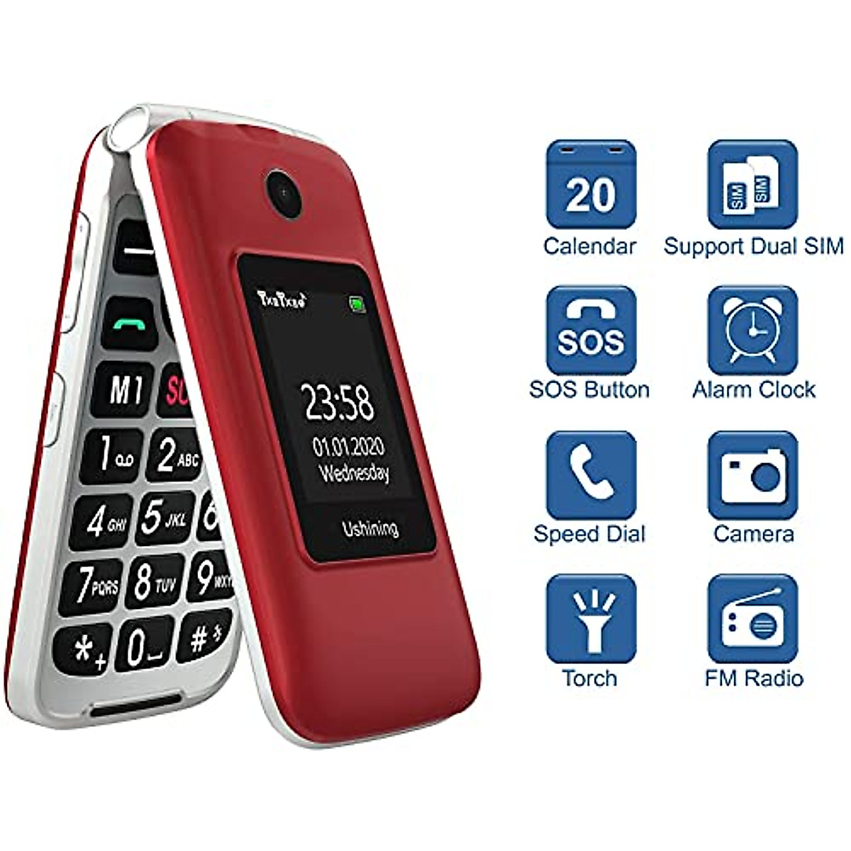 USHINING 3G Unlocked Flip Phone Dual Screen Dual SIM Mobile Phones Easy-to-Use Flip Cell Phones with Charging Dock (Red)