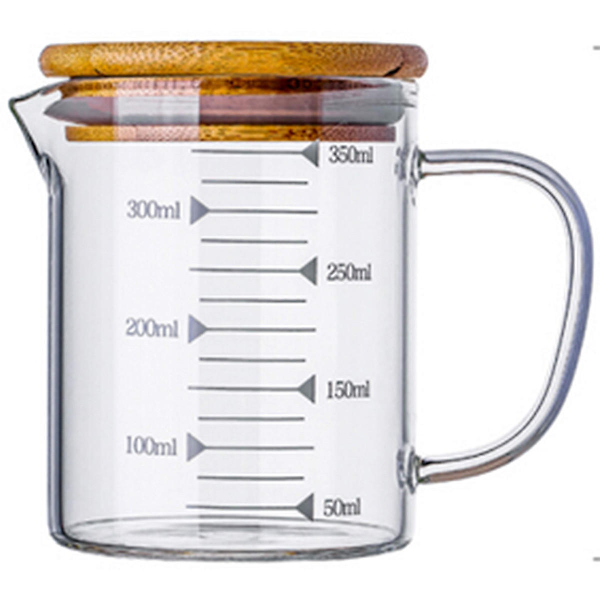 KINNOSE Graduated Beaker Mug with Handle and Durable Bamboo Lid Borosilicate Glass Multi-Function Food Grade Measuring Cup 350ML