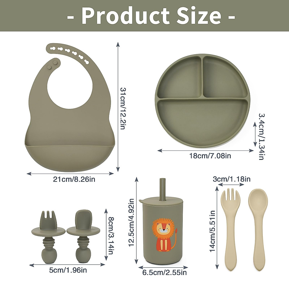 LITTLE RAWR Silicone Baby Feeding Set, Baby Led Weaning Supplies, Baby Spoons Suction Divided Plate Bib Cup, First Stage Solid Food Eating Utensils - 6+ Months(Green-Beige)