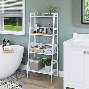 HITNET White Ladder Bookshelf, Leaning Bookcase, 4-Tier Bamboo Shelf, Floor Standing Storage Shelving Unit, Open Display Book Shelves