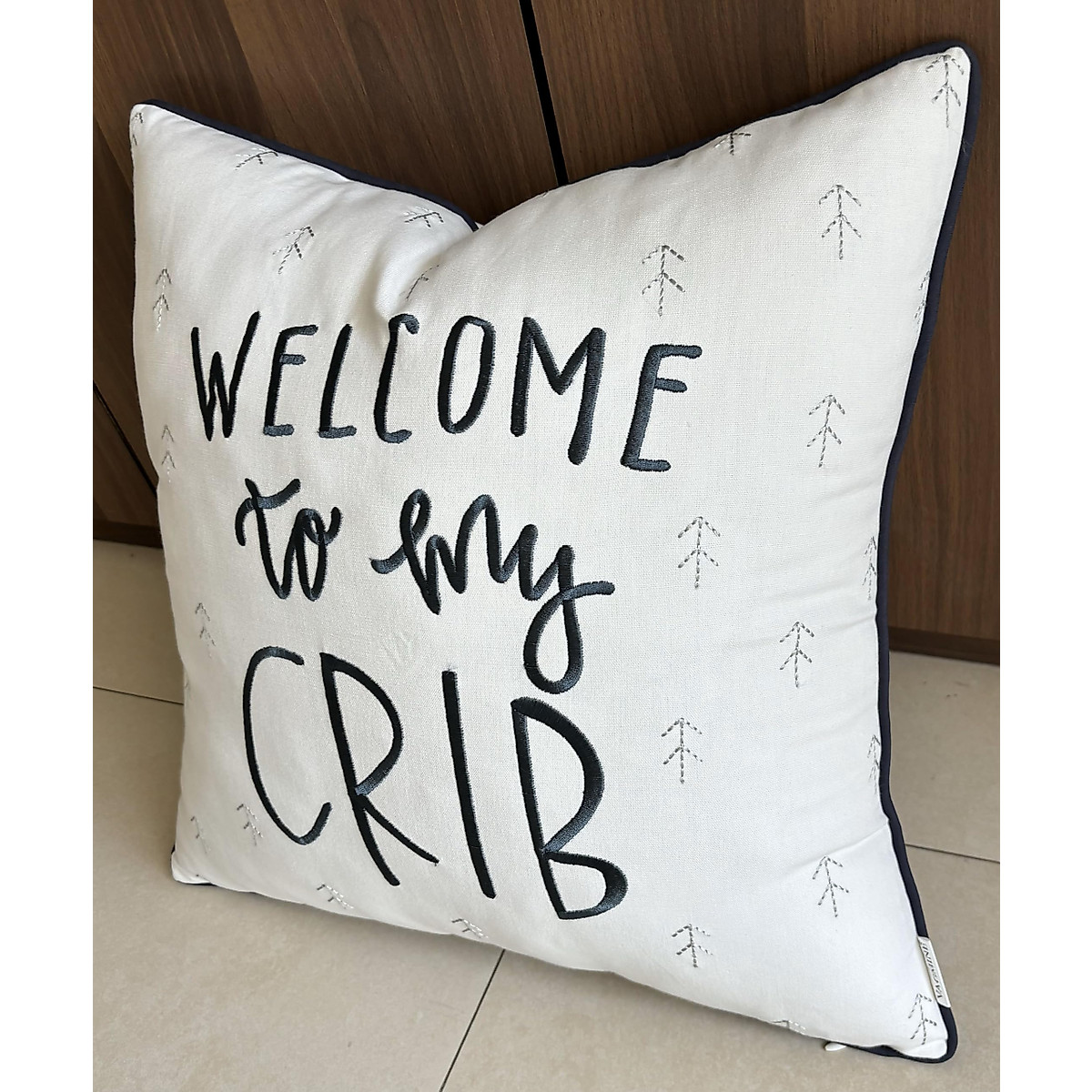 VAGMINE Welcome to My Crib Quote Embroidered Decorative Square Accent Throw Pillowcase - Nursery Decor, Boys Room Decor - 18x18 Inches, Ivory