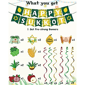Mosailles Happy Sukkot Hanging Swirls Banner Decorations kit Etrog and Lulav outdoor pre-assembled Sukkah Decor Holiday Party Decor Supplies