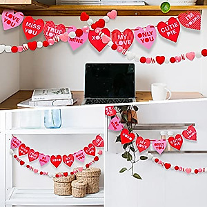 2 Pieces Valentines Day Felt Balls Banner Conversation Candy Hearts Banner Felt Pom Pom Garland Valentines Heart Sayings Garland for Valentines Party Wedding Birthday Decorations