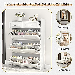HANLIVES Shoe Cabinet for Entryway, White Narrow Shoe Storage Organizer with 3 Doors 2 Drawers,Flip Down Shoe Rack Wood 4 Tier Shoe Storage Cabinet for Hallway, Living Room,Home and Apartment