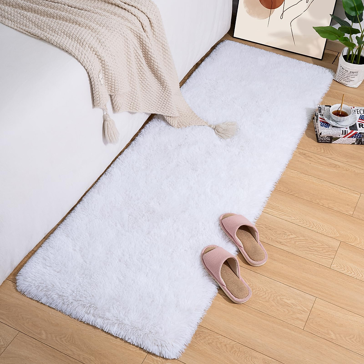 Przemy Fluffy Runner Rug for Bedroom Living Room, 2x6 Feet White Shag Area Rugs, Soft Fuzzy Carpet for Bedside Nursery Kids Room College Dorm, Plush Throw Rug for Home Decor
