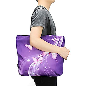ICOLOR Light Purple Butterfly Gym Bag Shopping Tote Bags Shoulder Bag,Boys Girls Travel Beach Grocery Shoulder Bag with Zipper,Reusable Gym Picnic Work Daily Use Tote Bag(GymBag-02)