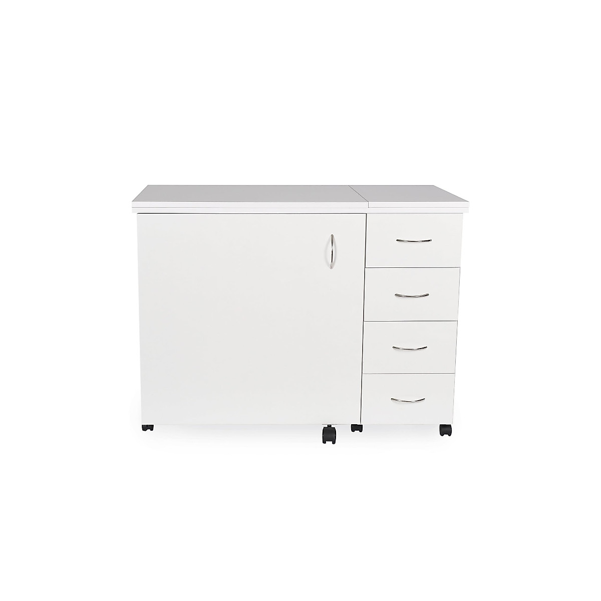Arrow Classic Sewing Furniture Harriet Full-Size Sewing Cabinet with Hydraulic Machine Lift, Drawers, Expandable Leaves, Locking Wheels - Ash White