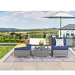 Patiorama 3-Piece Patio Furniture Set, Outdoor Sectional Sofa, All-Weather Grey PE Wicker Rattan Conversation Set, Outdoor Couch Loveseat Sofa w/Coffee Table for Deck Balcony Pool(Navy Blue Cushion)